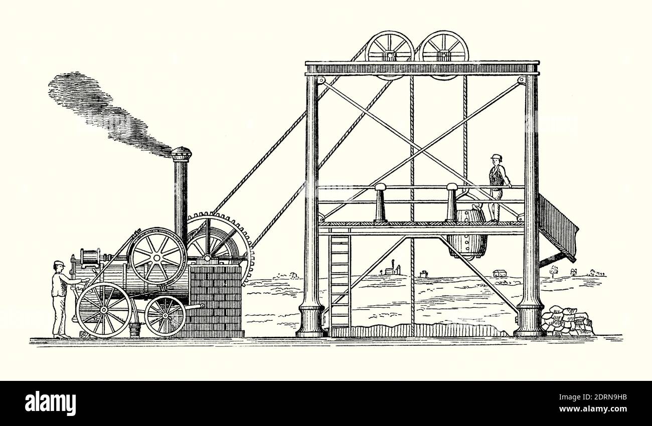 An old engraving of men operating winding gear at a mine being powered ...