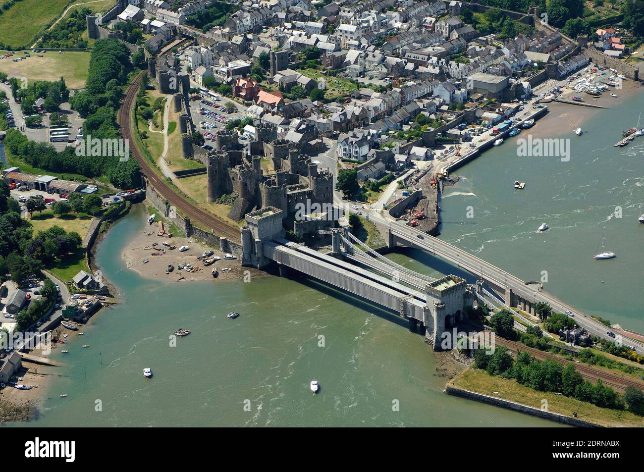 Aerial View of Conway Castle, Conwy Railway Bridge, Conwy, North Wales ...