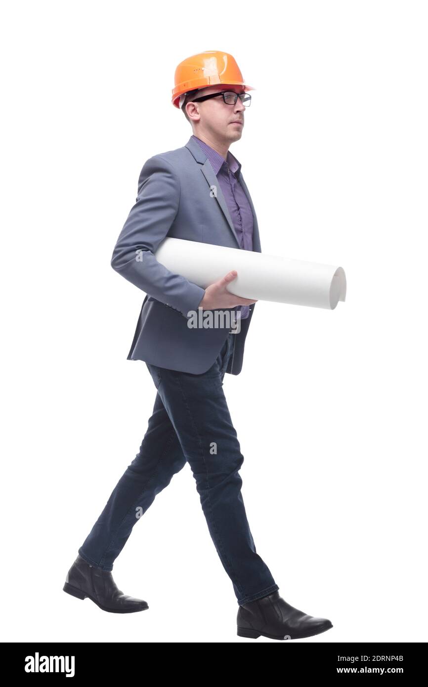 Architect wearing a suit and hardhat with blueprint standing isolated ...