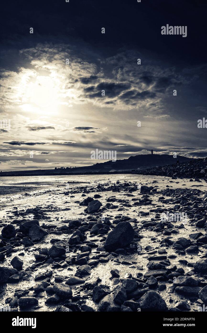 Early spring evening view into the sun at Strangford Lough, County Down ...