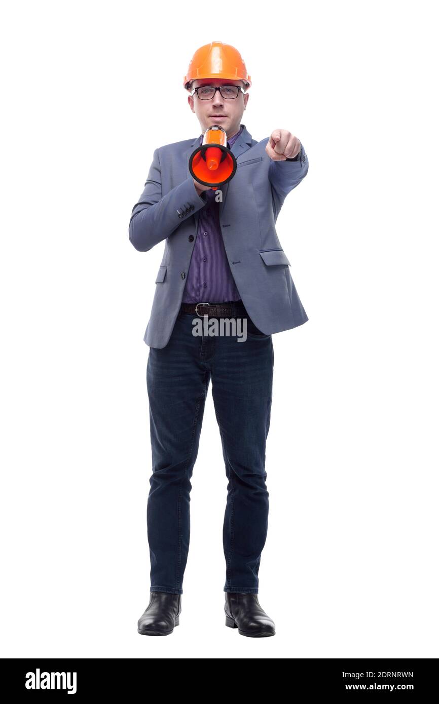Engineer man, construction worker holding a megaphone. Concept ...