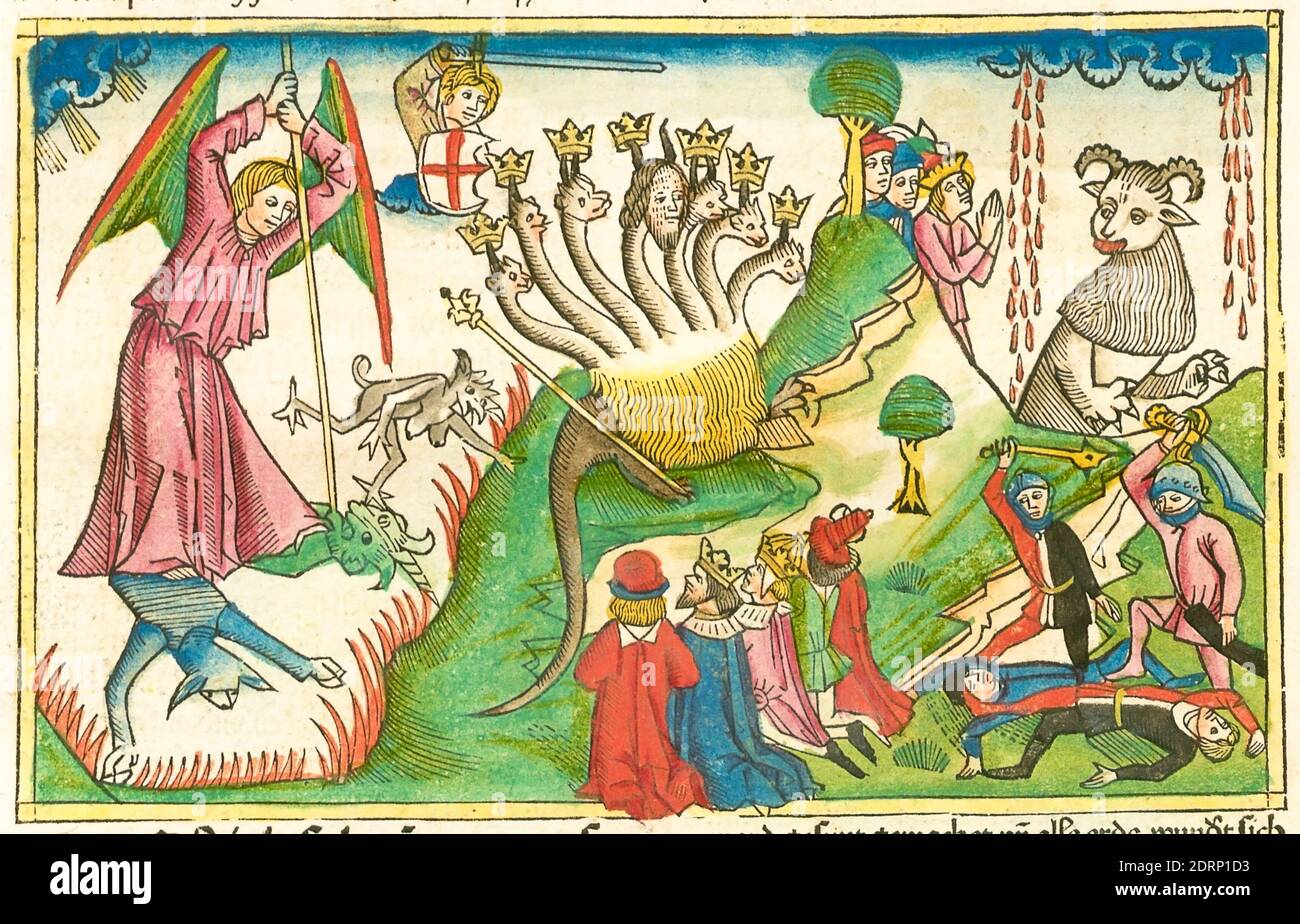 Two beasts, 15th century coloured woodcut, Koberger Bible Stock Photo ...