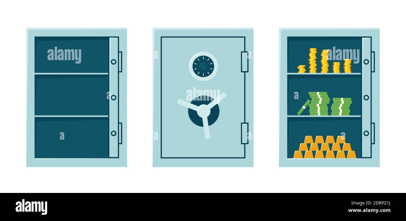 Closed bank safe, open empty safe and cabinet with money and gold bars ...