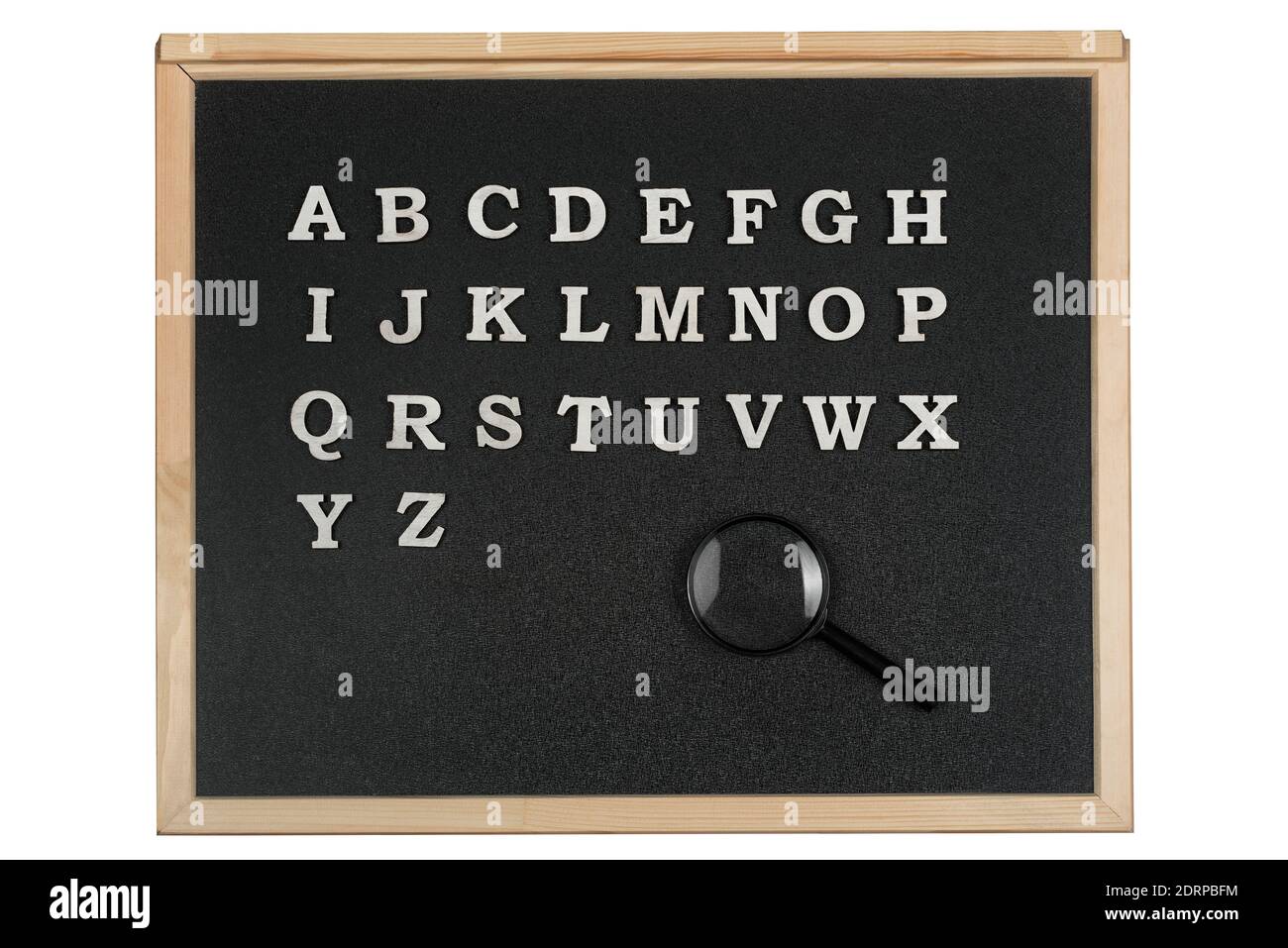 English alphabet letters on blackboard and magnifying glass. Education ...
