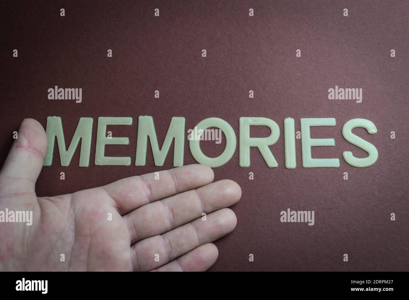 Human hand showing the word Memories written with plastic letters on ...
