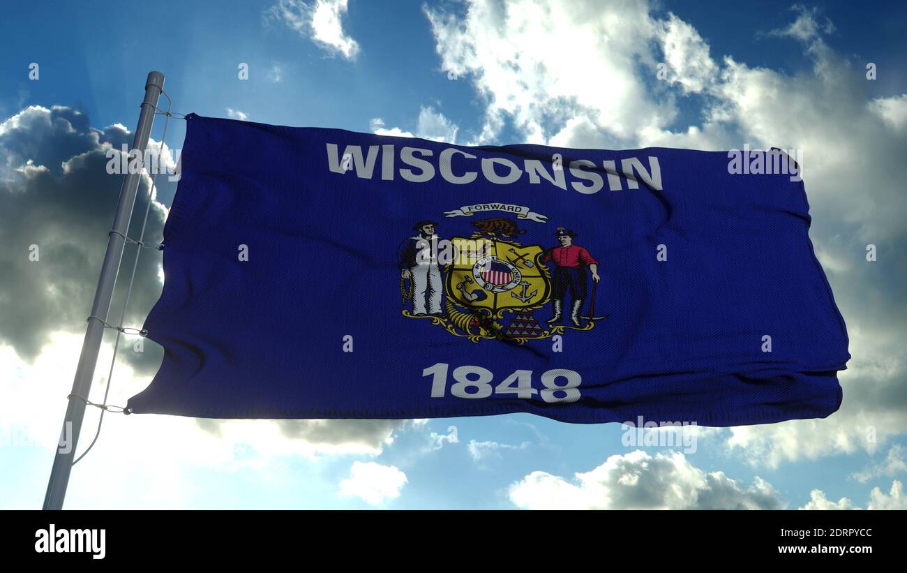 Wisconsin flag on a flagpole waving in the wind, blue sky background ...
