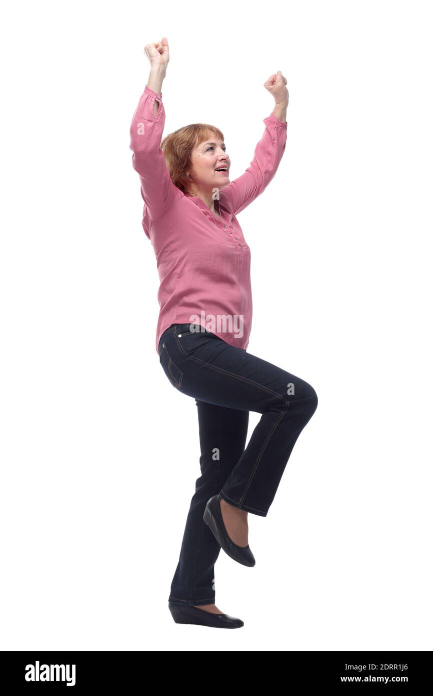 Excited senior woman raised hands, laughing with joy feels happy ...