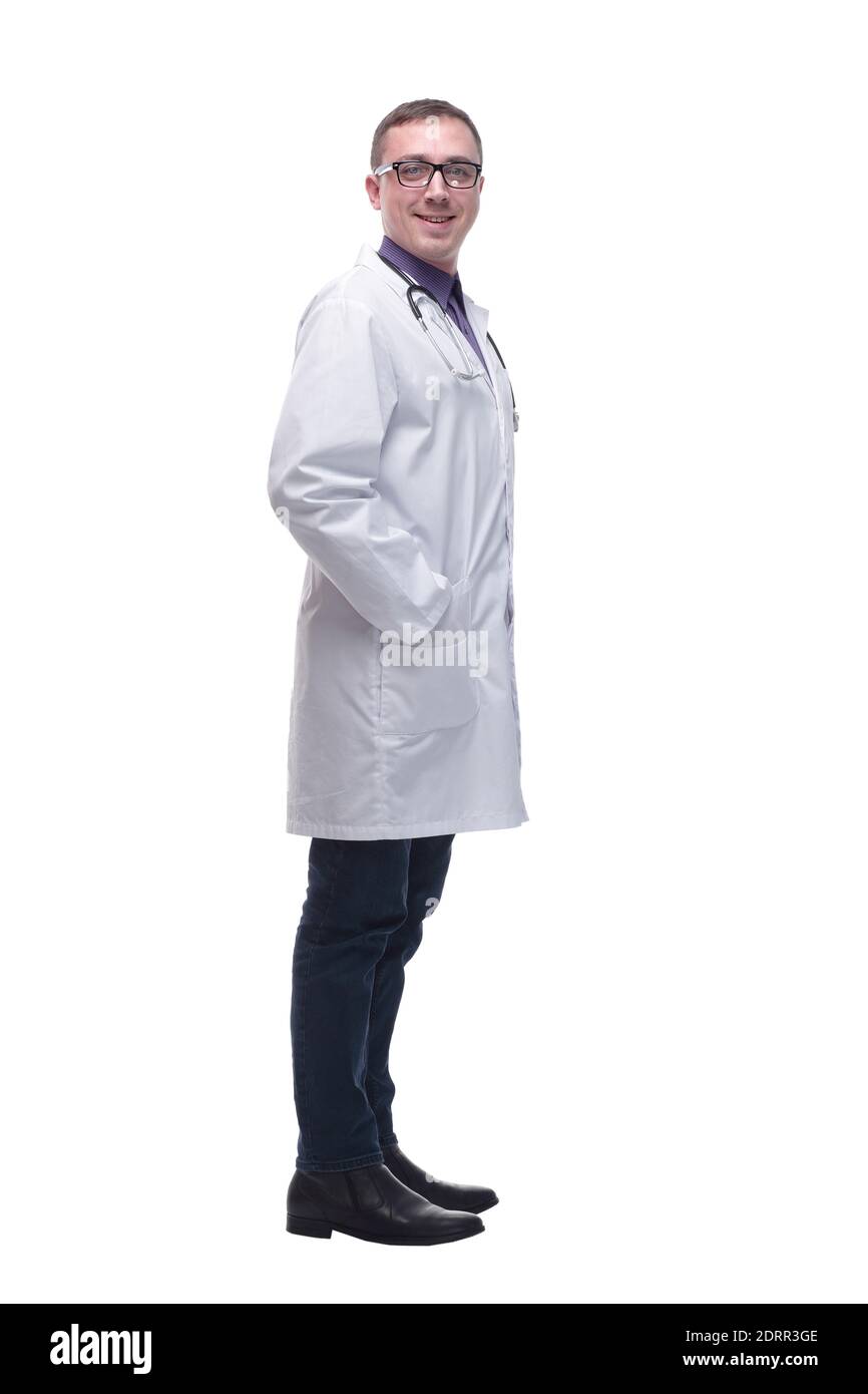 Side view full length confident male medical doctor in uniform looking ...