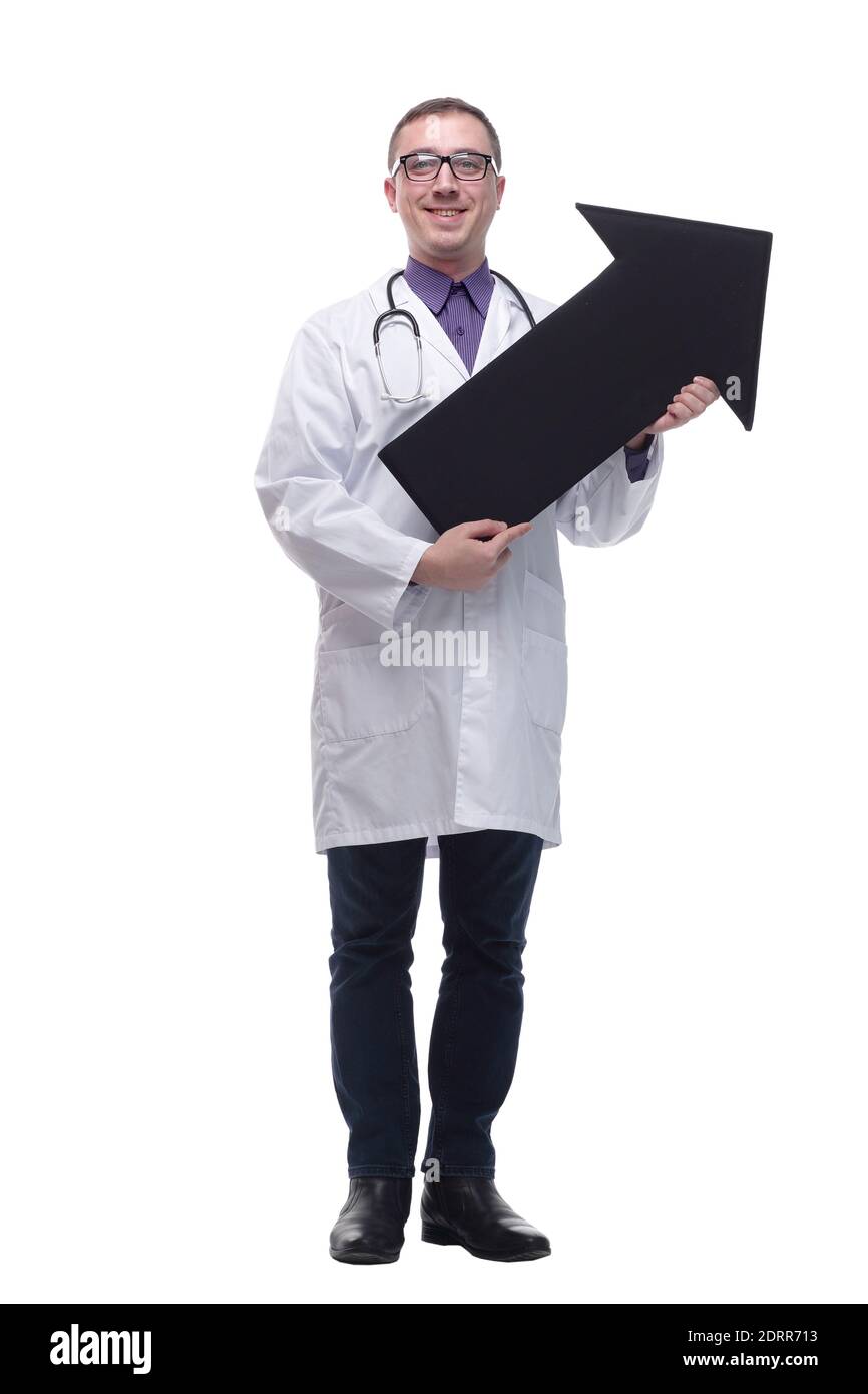 Front view of doctor holding a black arrow pointing right Stock Photo ...