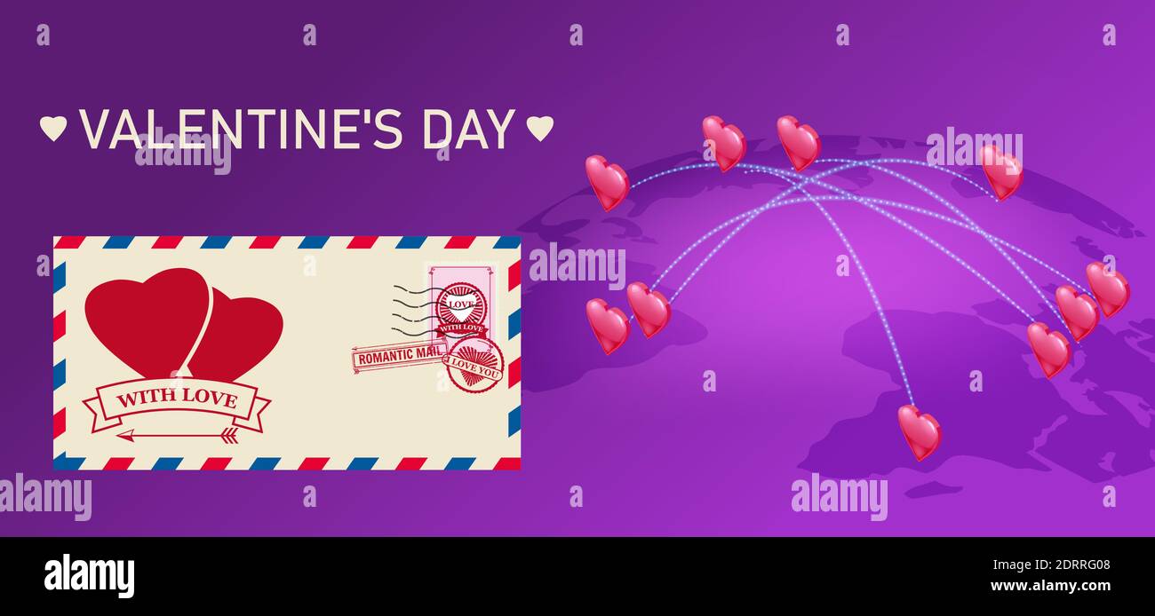 Valentines day Envelope mail hearts post stamps, map Earth delivery ...