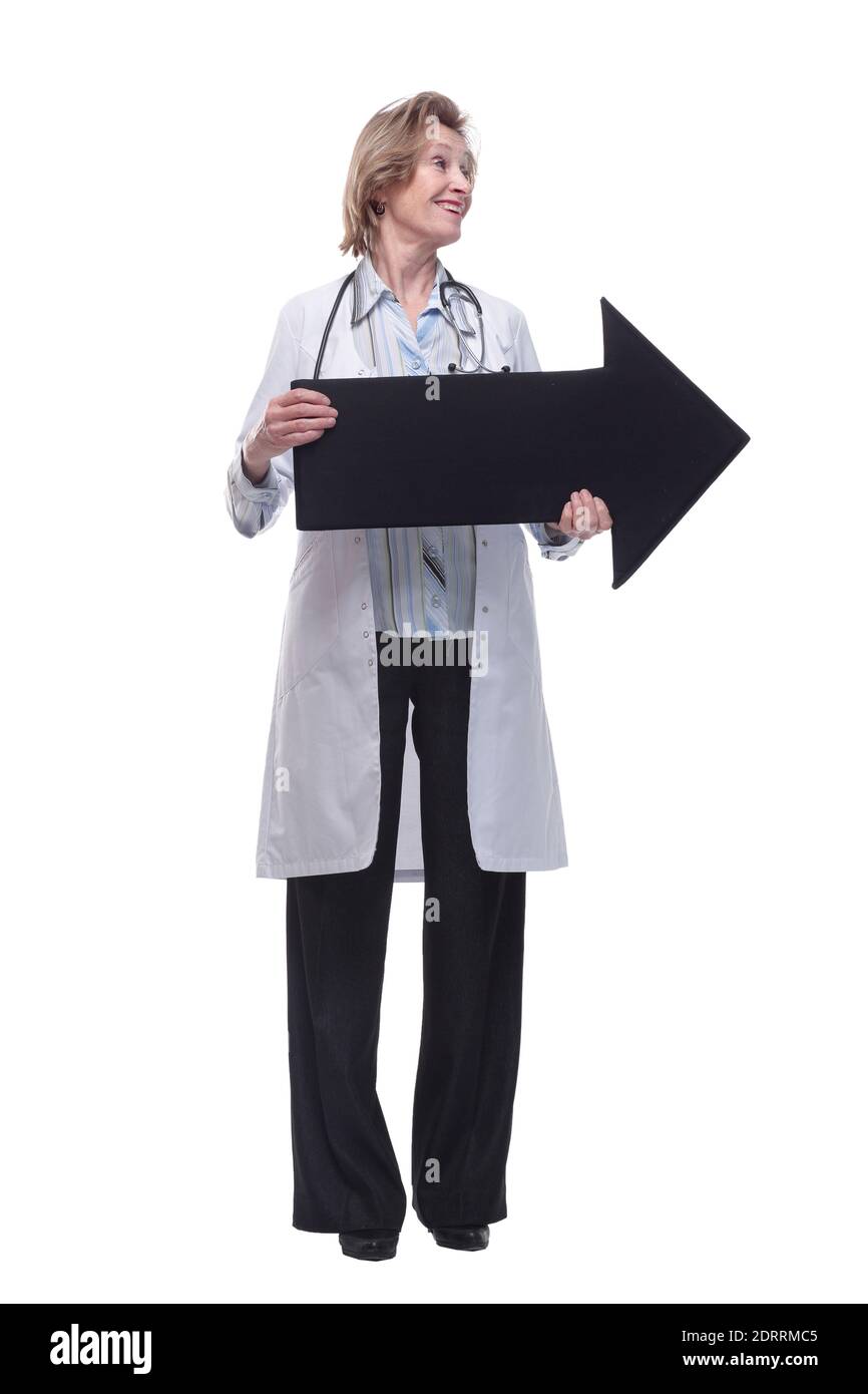 Friendly senior medical doctor pointing direction with arrow Stock ...