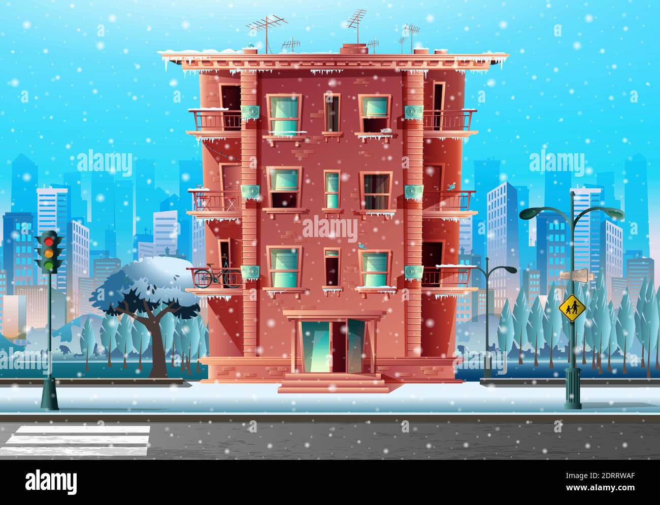 Vector winter snowy cartoon style modern multi-storey building ...