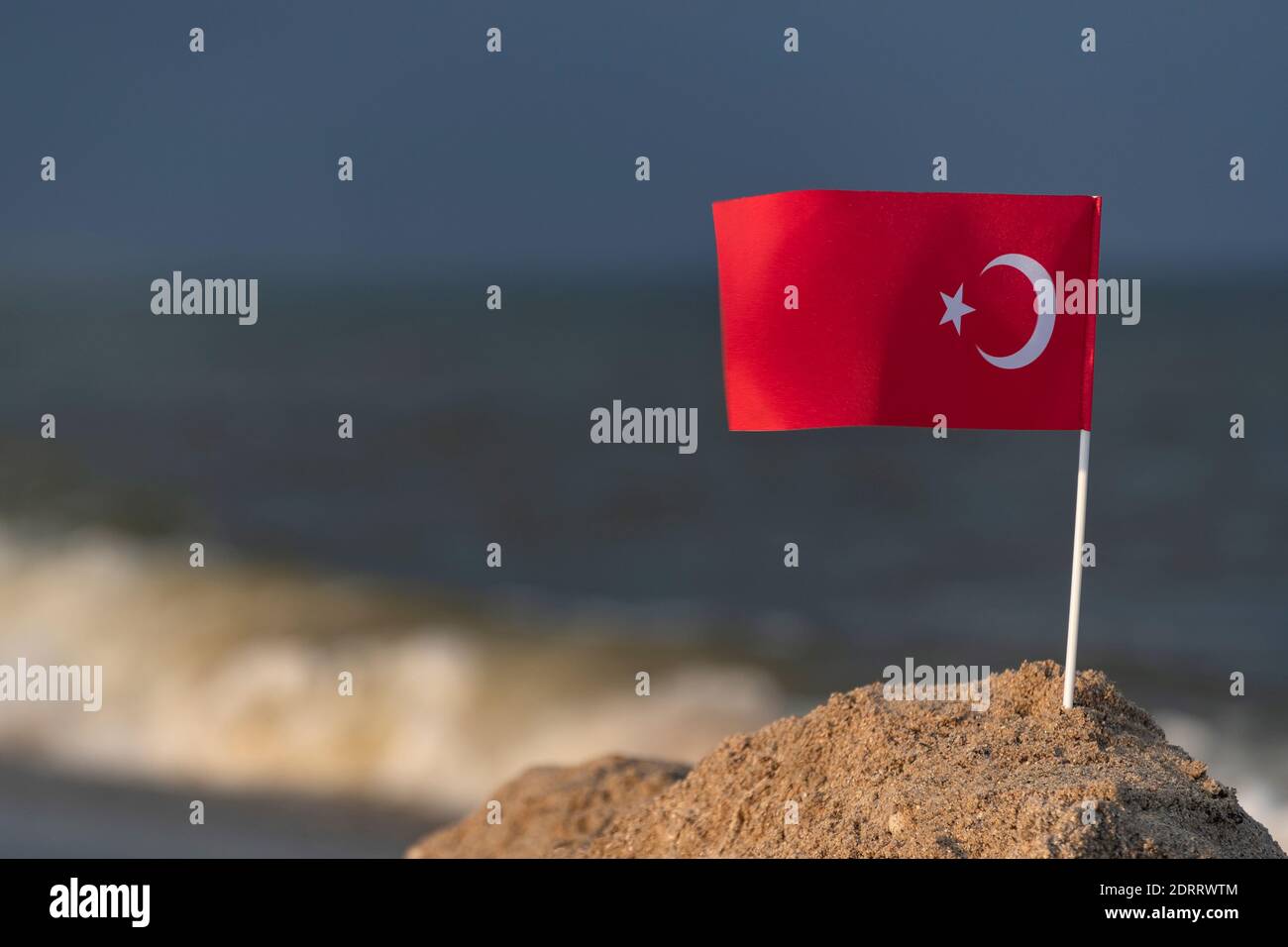 National flag of Turkey on sea background. Sea holiday in Turkey. Red ...