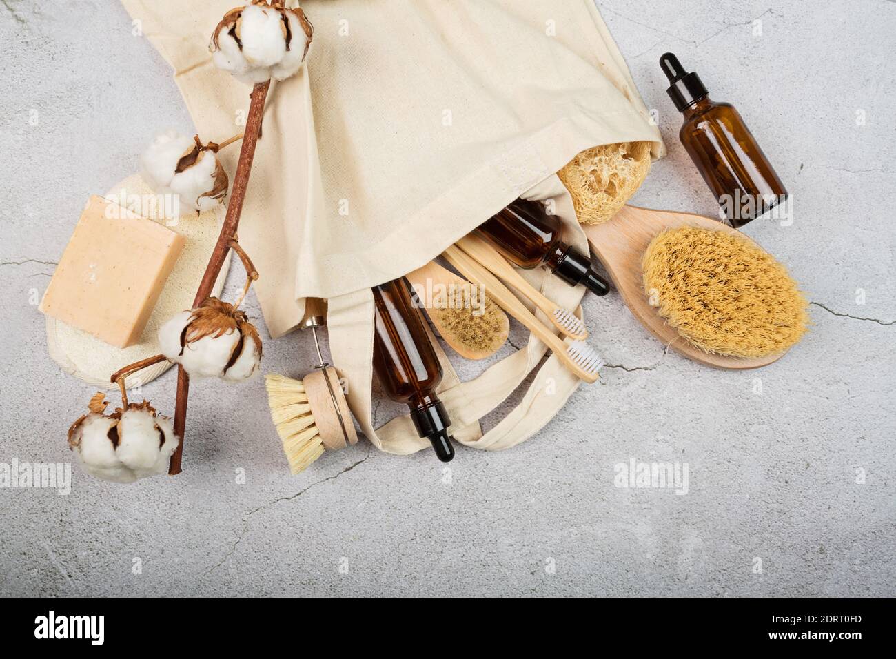 Set of Eco friendly products on gray concrete background. Sustainable ...