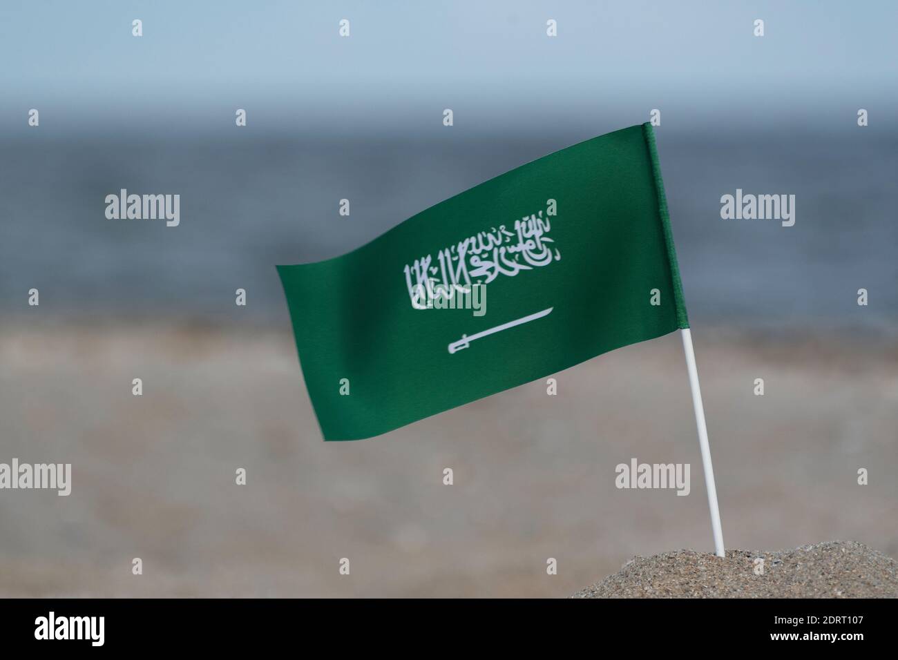 National flag of Saudi Arabia on sea background. Green flag with sword ...