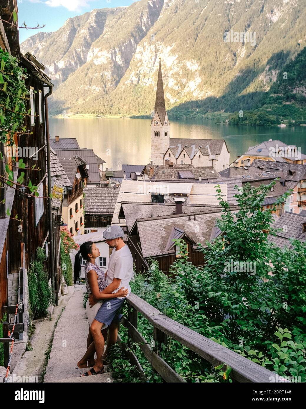 couple visit Hallstadt town, View of Hallstatt Hallstadt town with ...