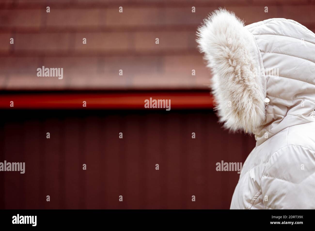 A side view of a female wearing a beige puffer jacket with its hood on ...