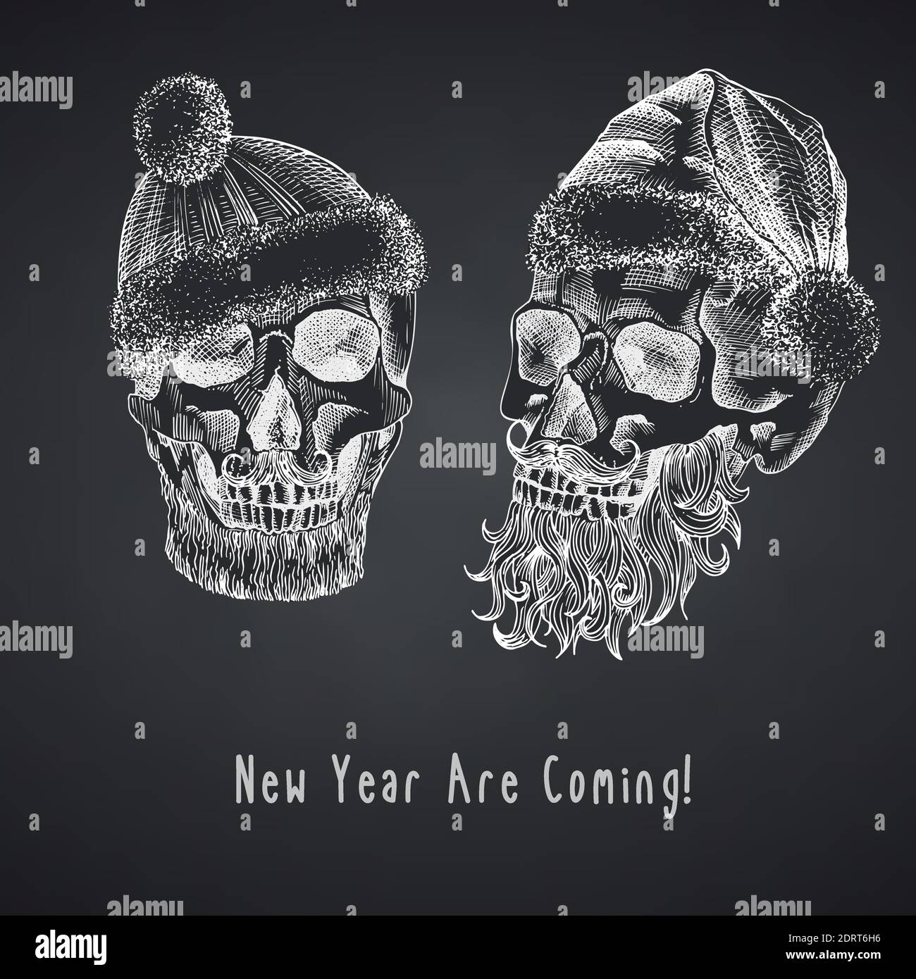Set Hand drawn sketch human skull with santa hat and fur scarf. Chalk ...