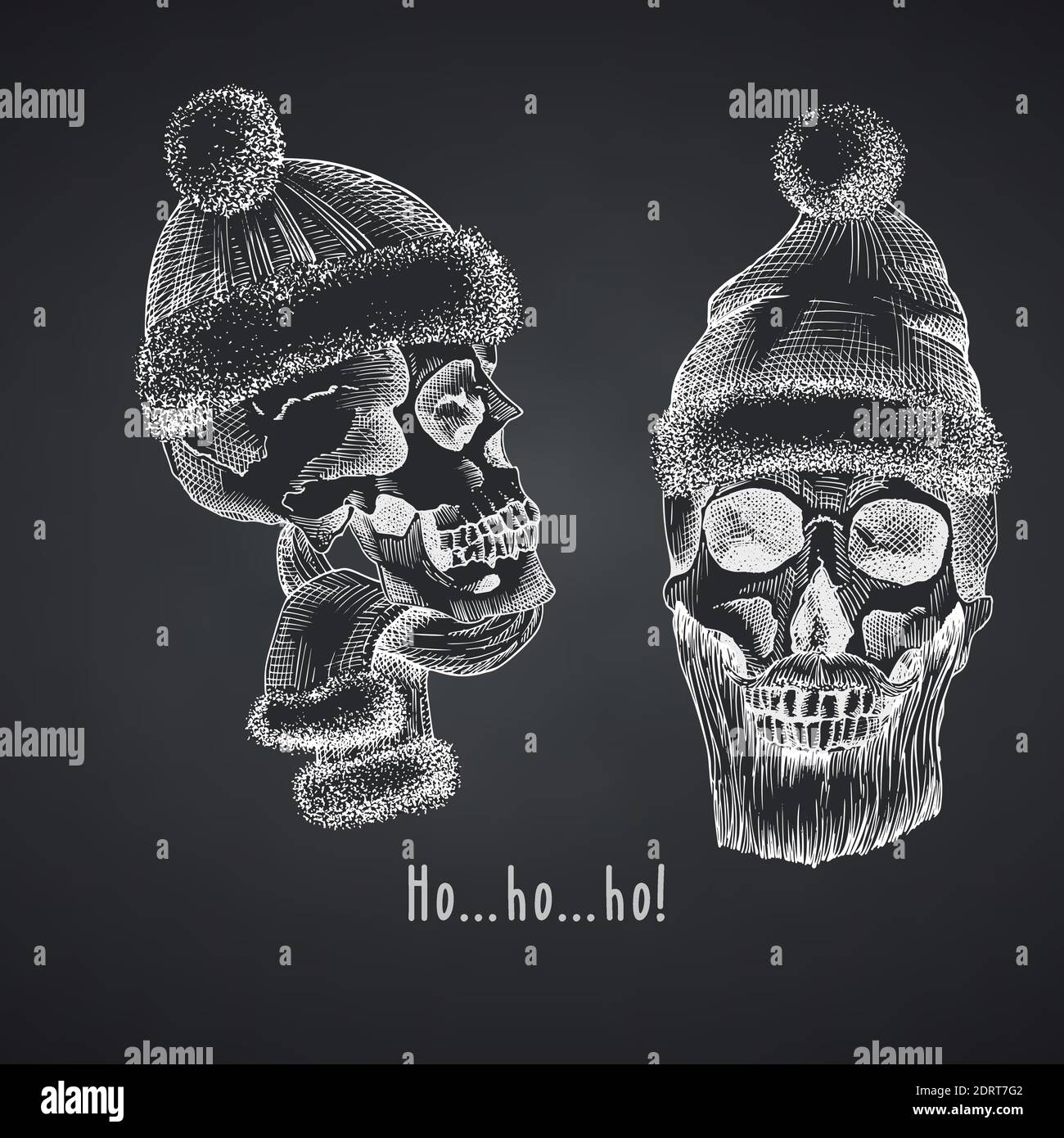 Set Hand drawn sketch human skull with santa hat and fur scarf. Chalk ...