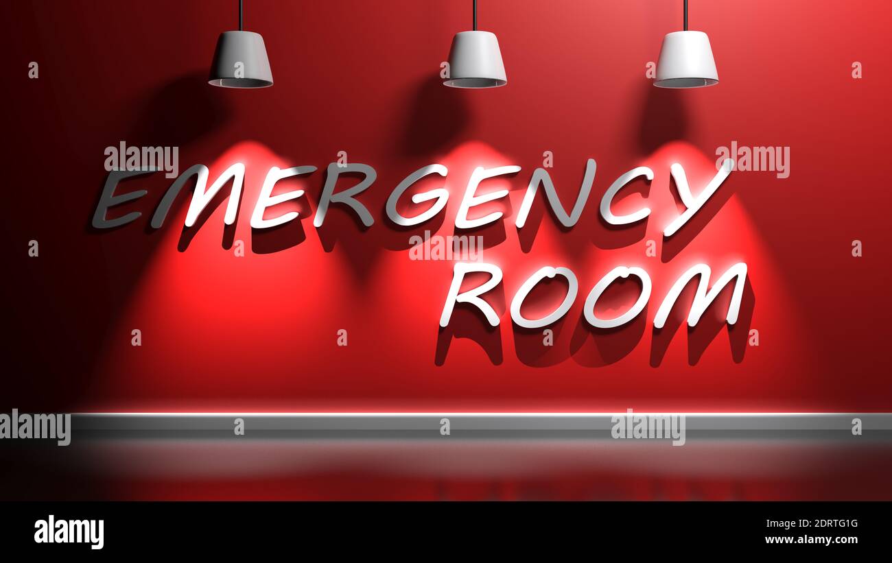 EMERGENCY ROOM write at a red illuminated wall of a room - 3D rendering ...
