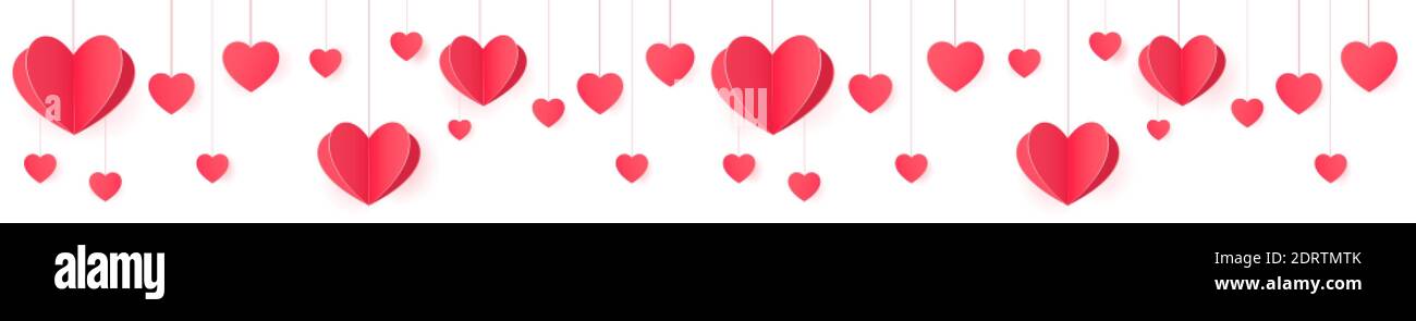 Seamless web banner of hanging paper hearts for website header decor ...