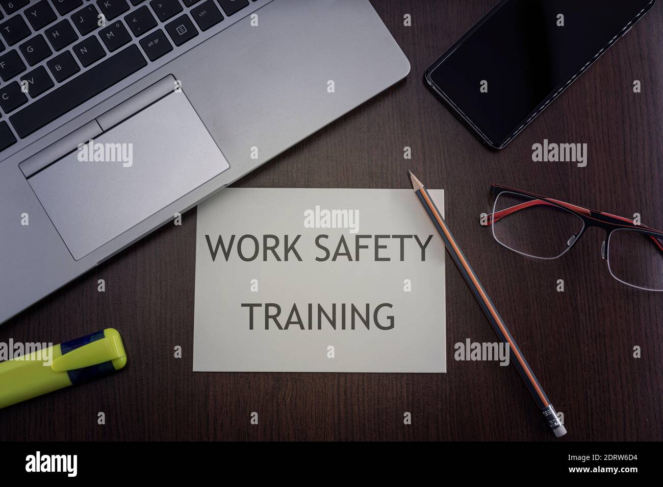 Work place safety training card. Top view of office table desktop ...