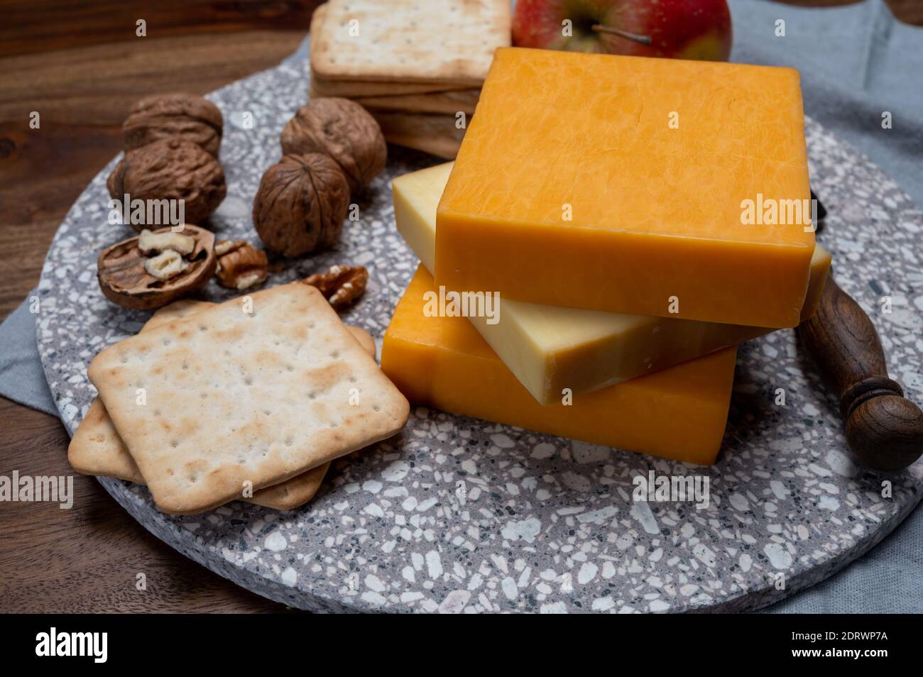Cheese collection, orange and yellow smoked British cheese from England ...
