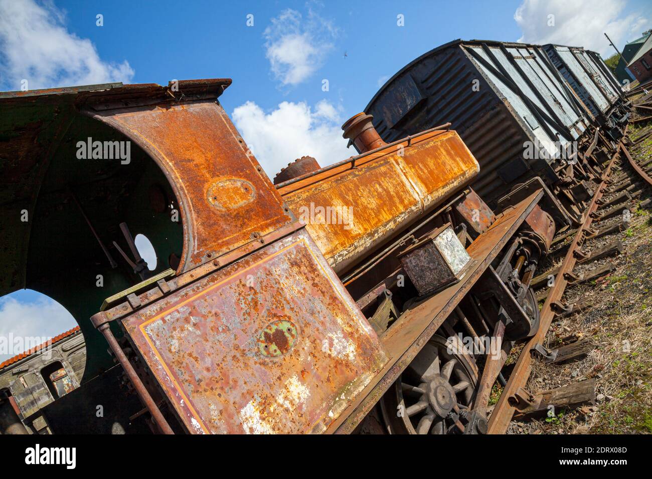 Old rolling stock and steam locomotives in the yard at Tanfield Railway ...