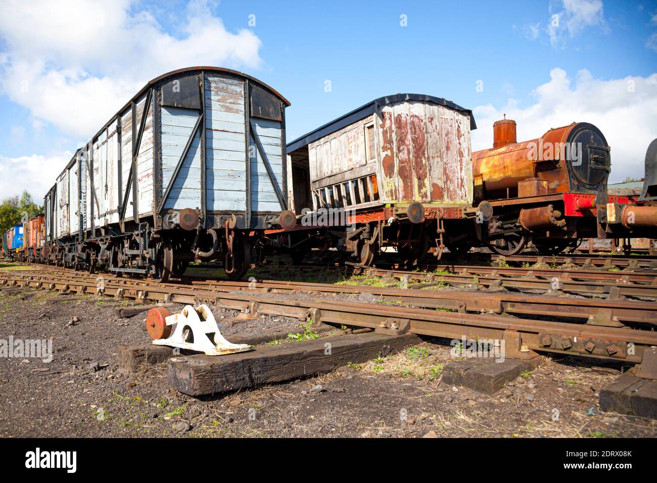 Old rolling stock and steam locomotives in the yard at Tanfield Railway ...