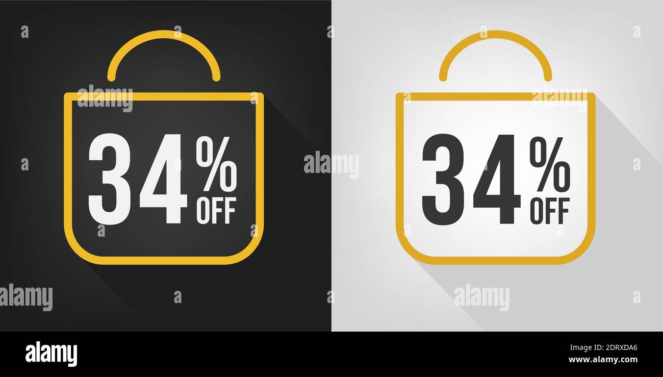 34 percent off. Black, white and yellow banner with thirty-four percent ...