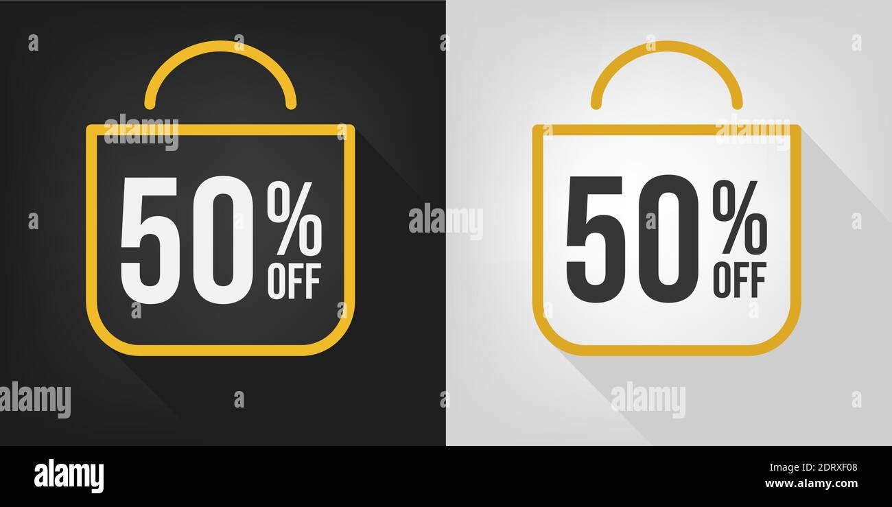 50 percent off. Black, white and yellow banner with fifty percent ...