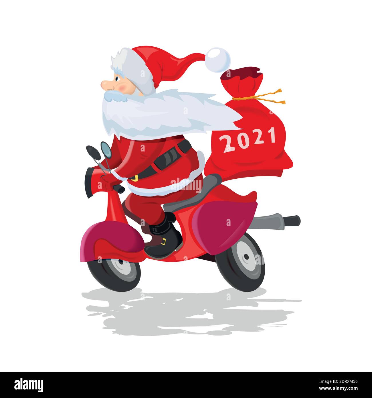 Vector cartoon illustration of happy Santa Claus with a gift bag riding ...