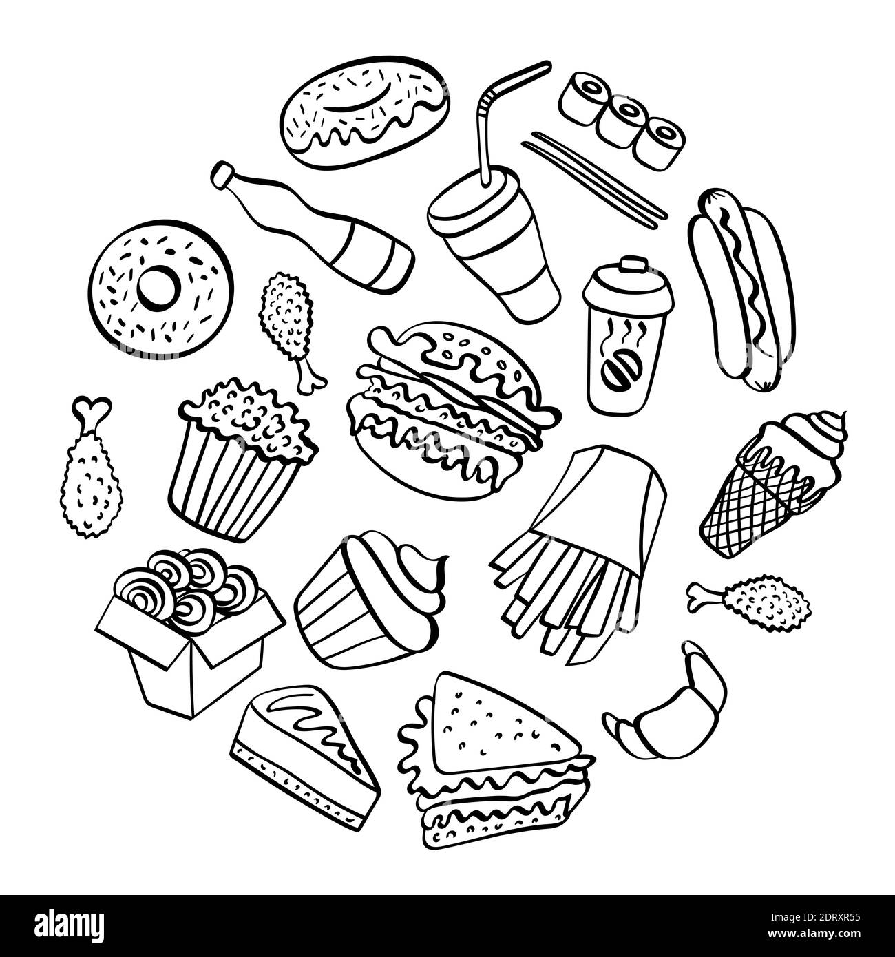 Fast food doodle collection. Hand drawn icons on white background ...