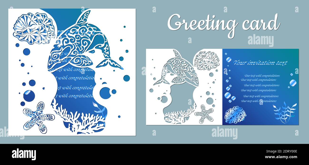 Killer whale, starfish, seaweed. Template for making a postcard. Vector ...