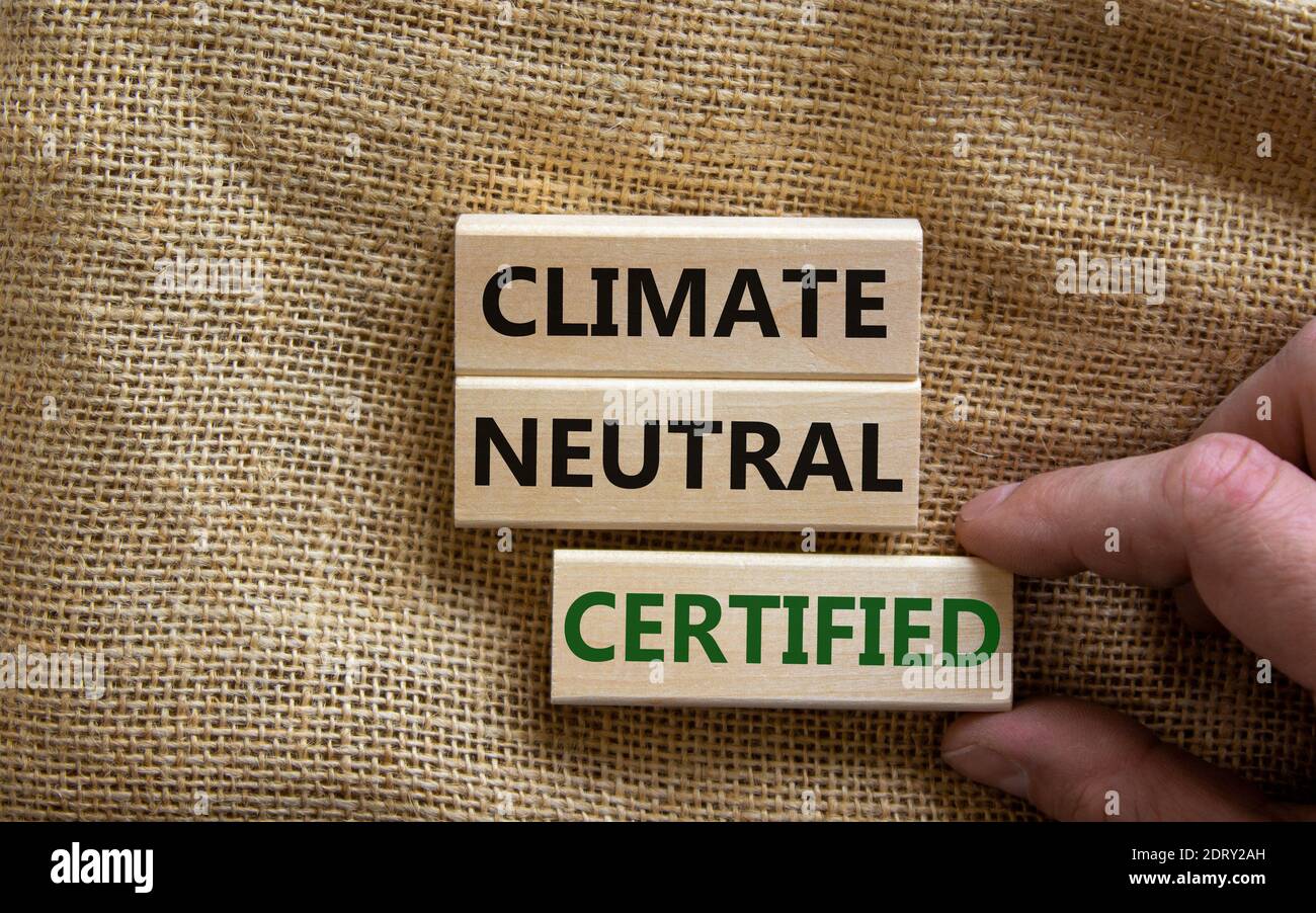 Climate neutral certified symbol. Wooden blocks with words 'Climate ...