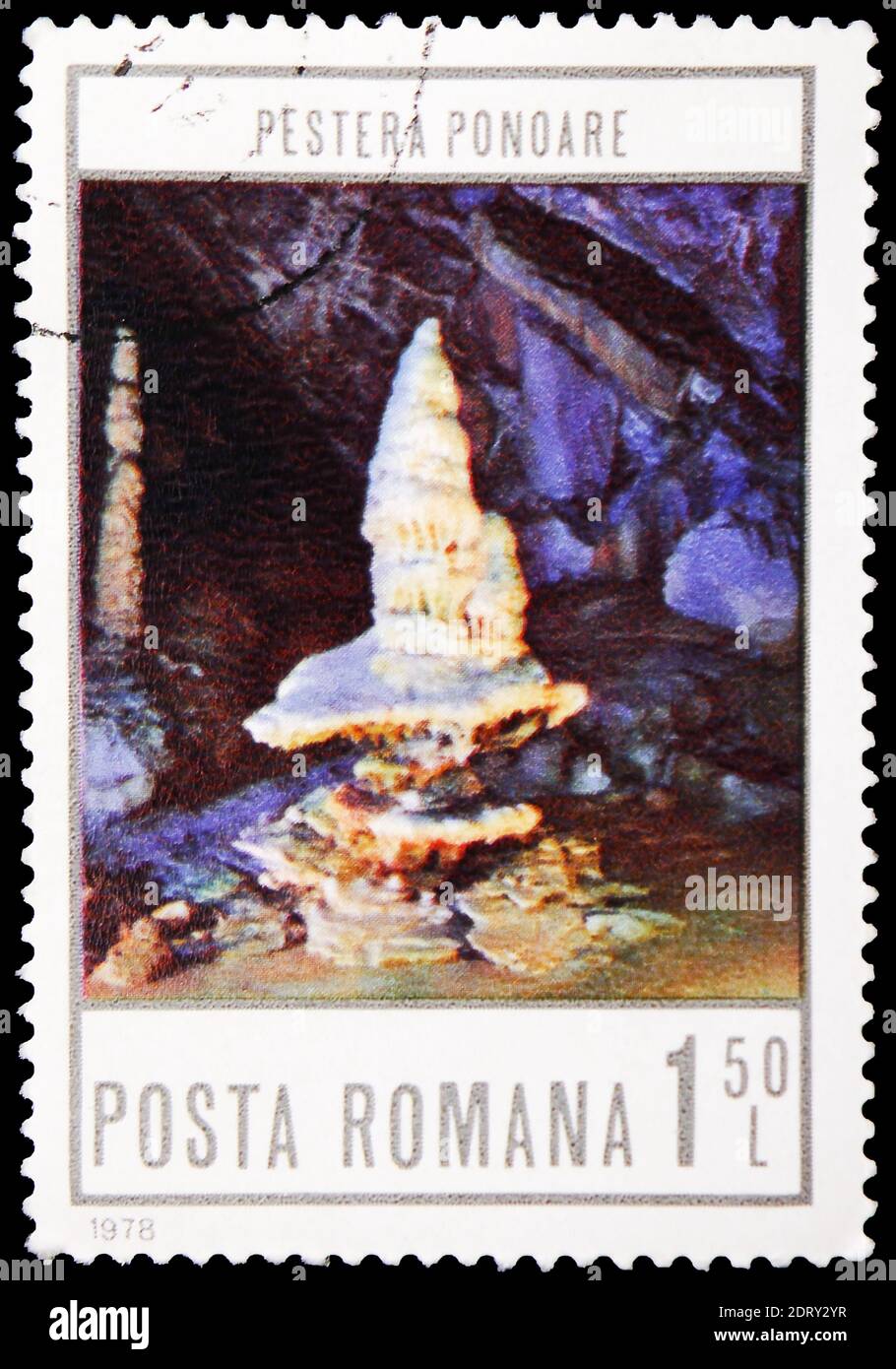 MOSCOW, RUSSIA - FEBRUARY 20, 2019: A stamp printed in Romania shows Ponoare, Caves serie, circa ...