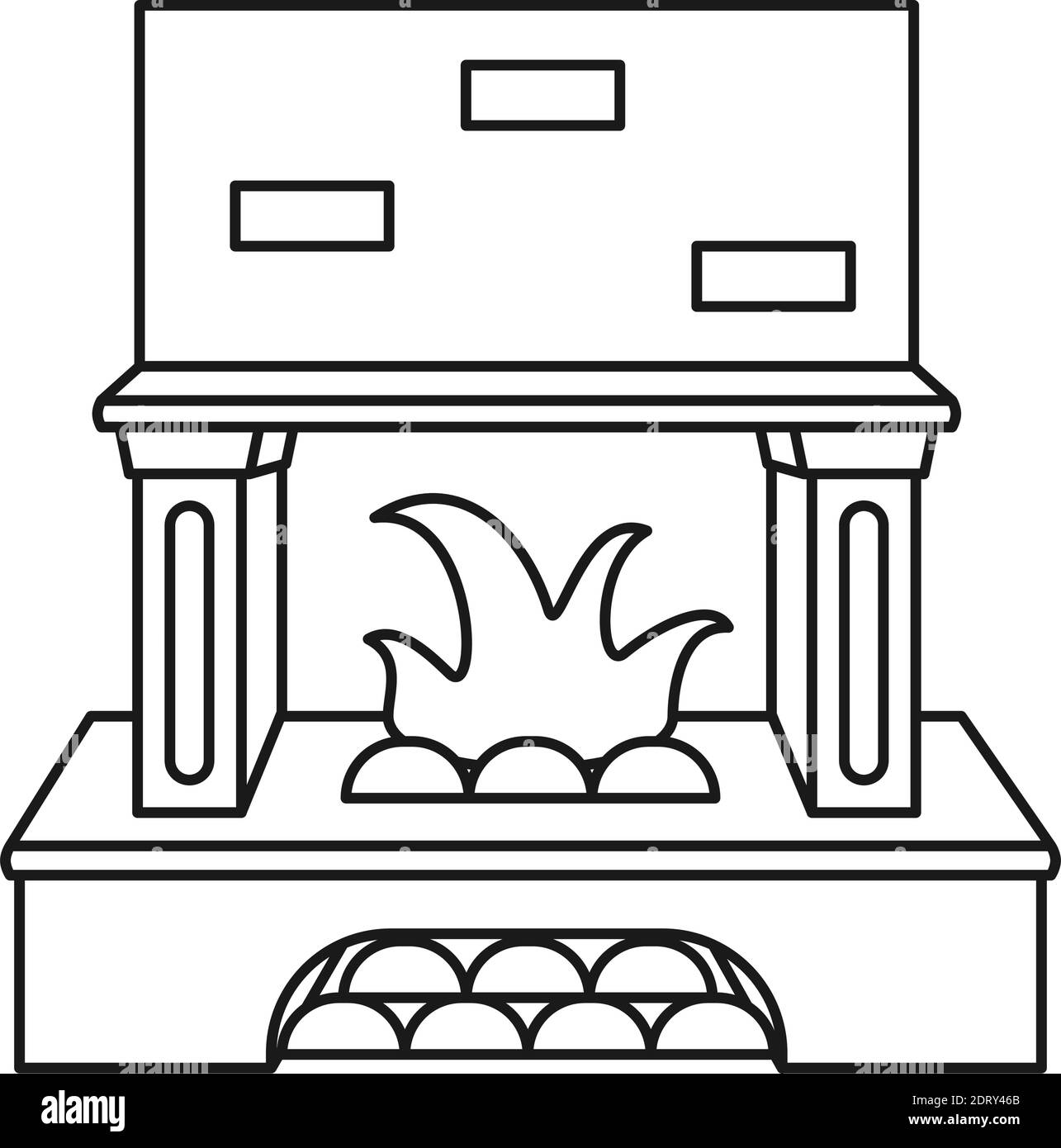 Line art black and white fireplace. Warm winter home heater. Christmas ...