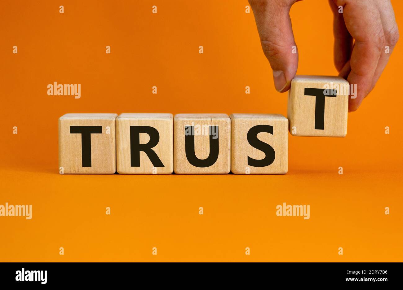 Trust symbol. Concept word 'trust' on cubes on a beautiful orange ...