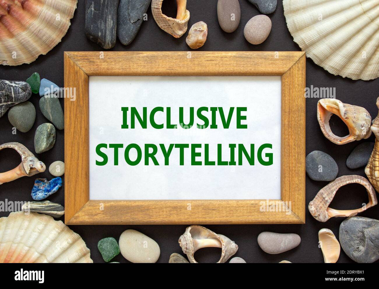 Inclusive storytelling symbol. Wooden picture frame with inscription ...