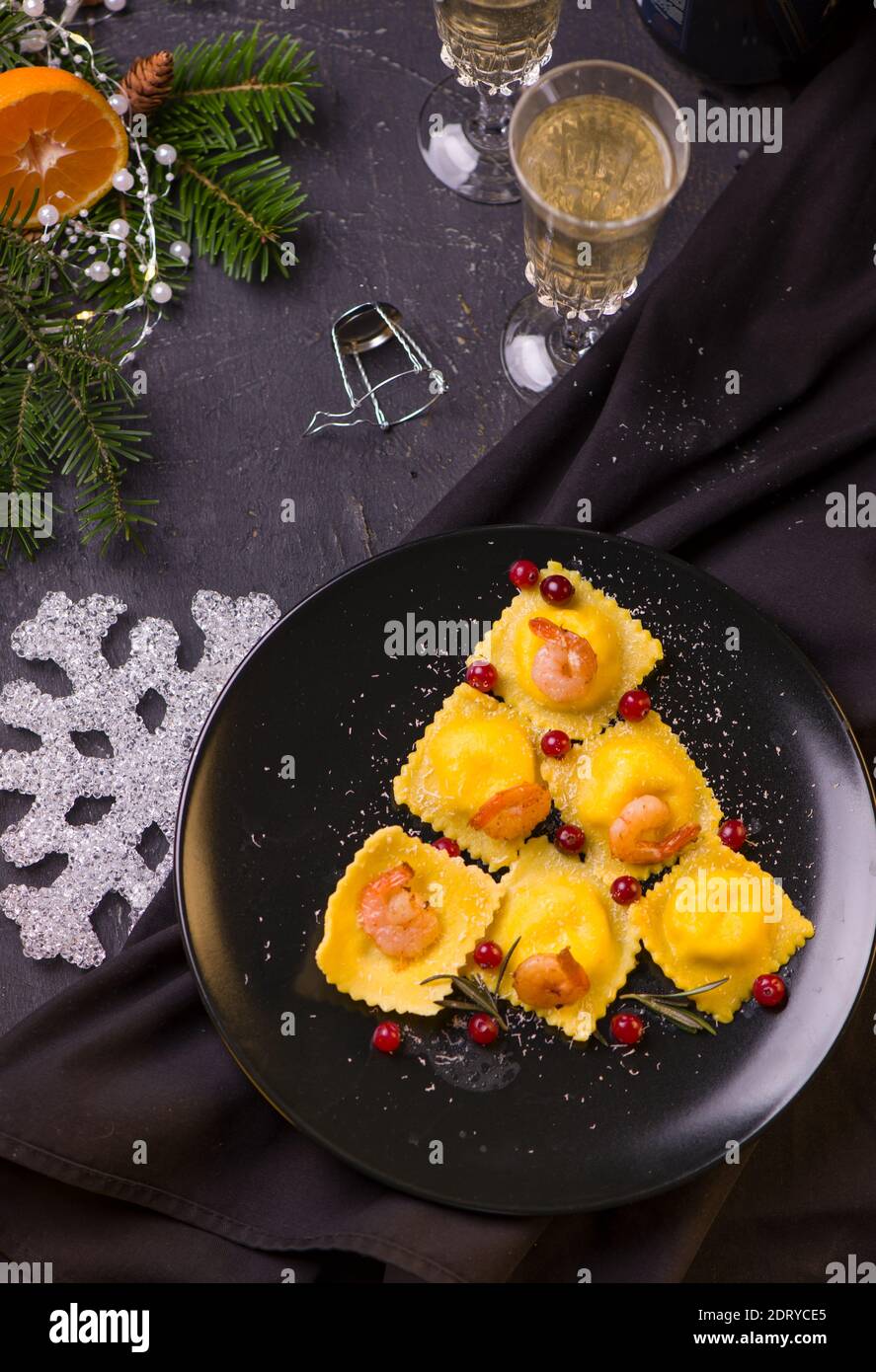 fast food. New Year's menu. Ravioli with cheese and champagne Stock ...