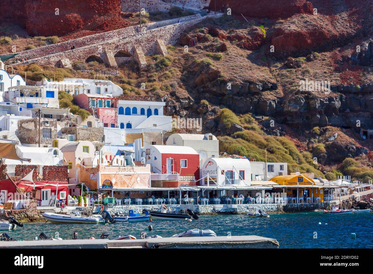 Athinios, the main port of Santorini island, a picturesque village and ...