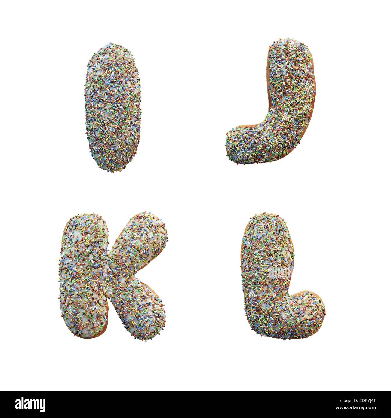 3D rendering of donut letters alphabet with white icing and colorful ...