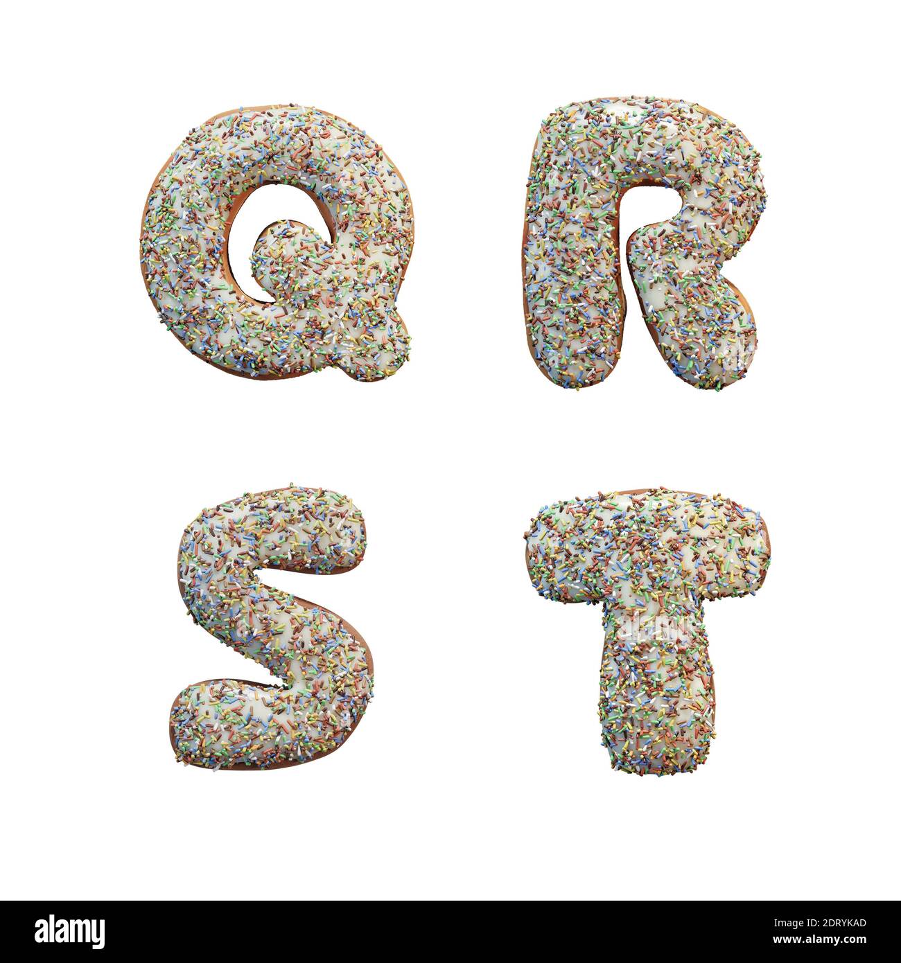 3D rendering of donut letters alphabet with white icing and colorful ...