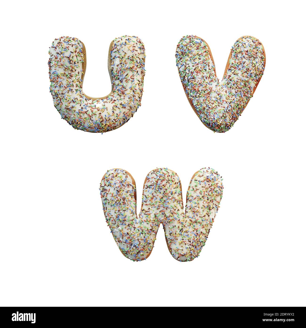 3D rendering of donut letters alphabet with white icing and colorful ...