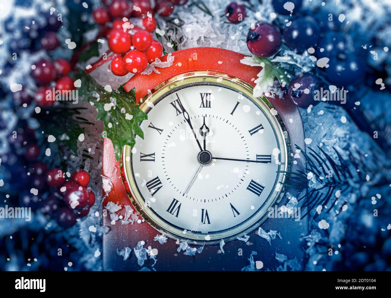 New Year's clock and still life. The clock shows midnight Stock Photo ...