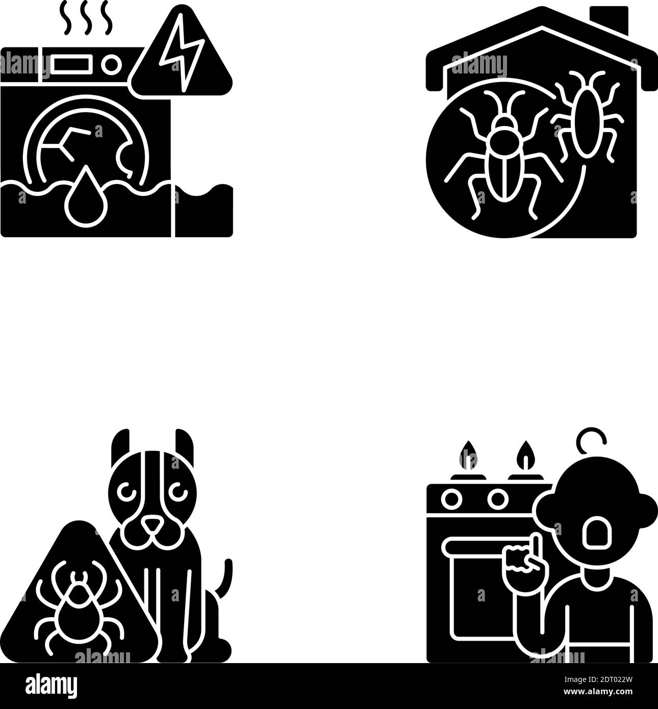 Unsafe home situations black glyph icons set on white space Stock ...