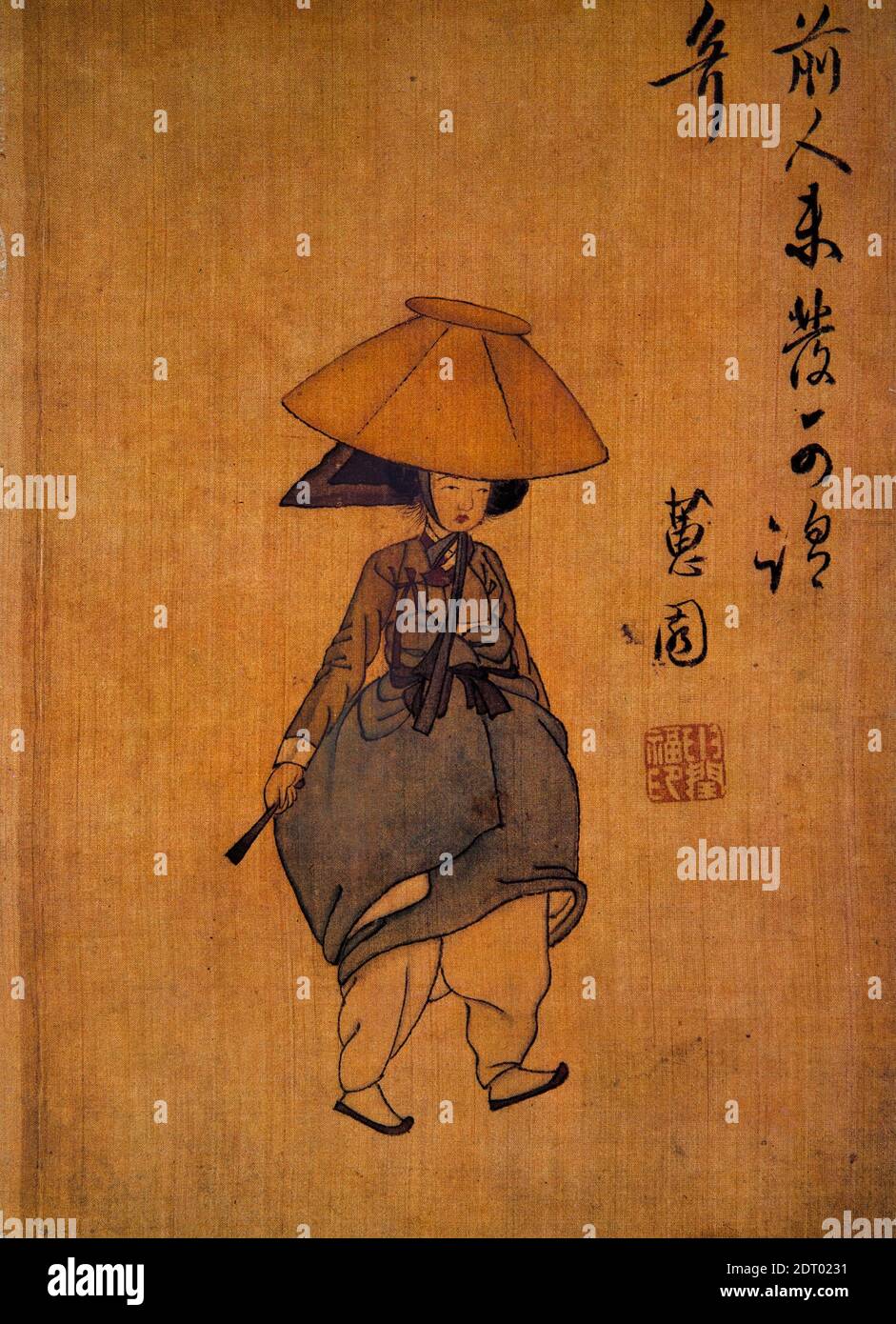 Korean painting, Hyewon, Shin Yunbok, full-length woman, coloring silk ...