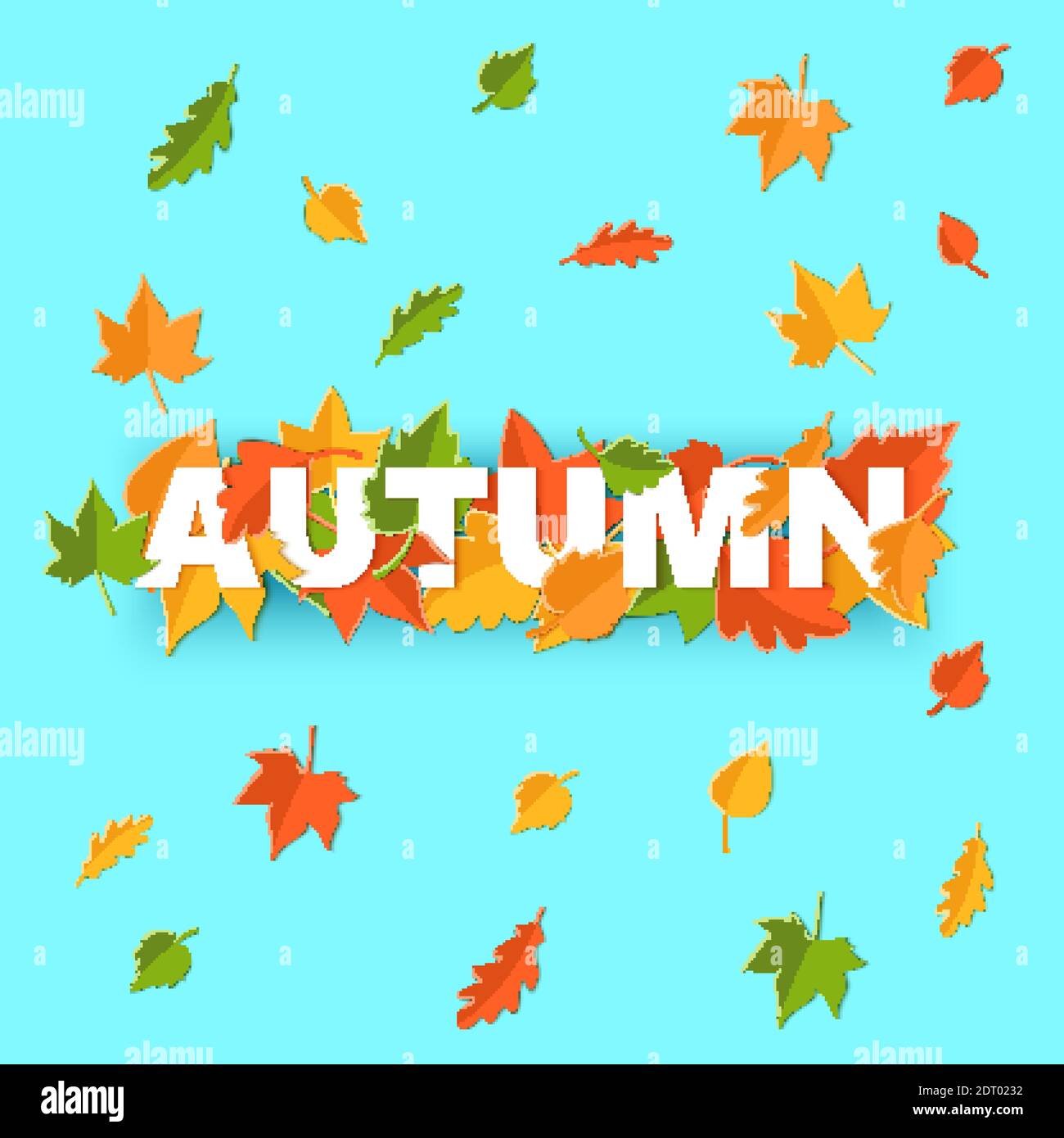 Word AUTUMN composition with green yellow red leaves on blue background ...