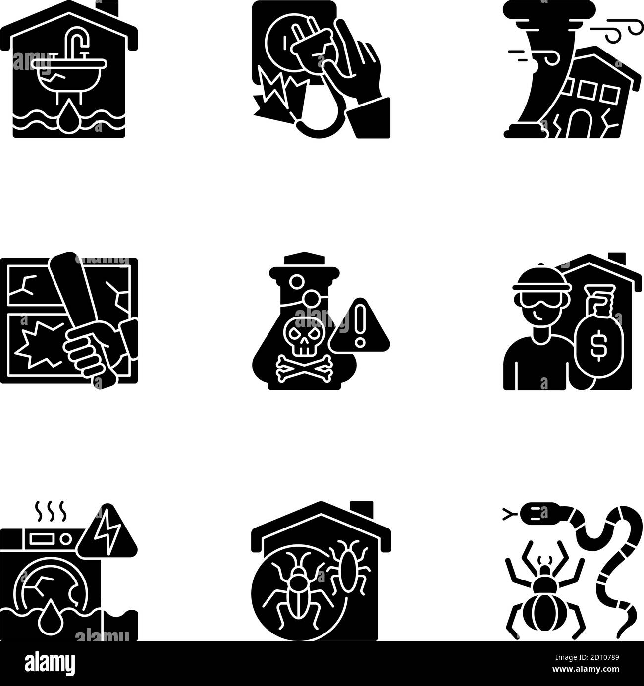 Home accidents prevention black glyph icons set on white space Stock ...