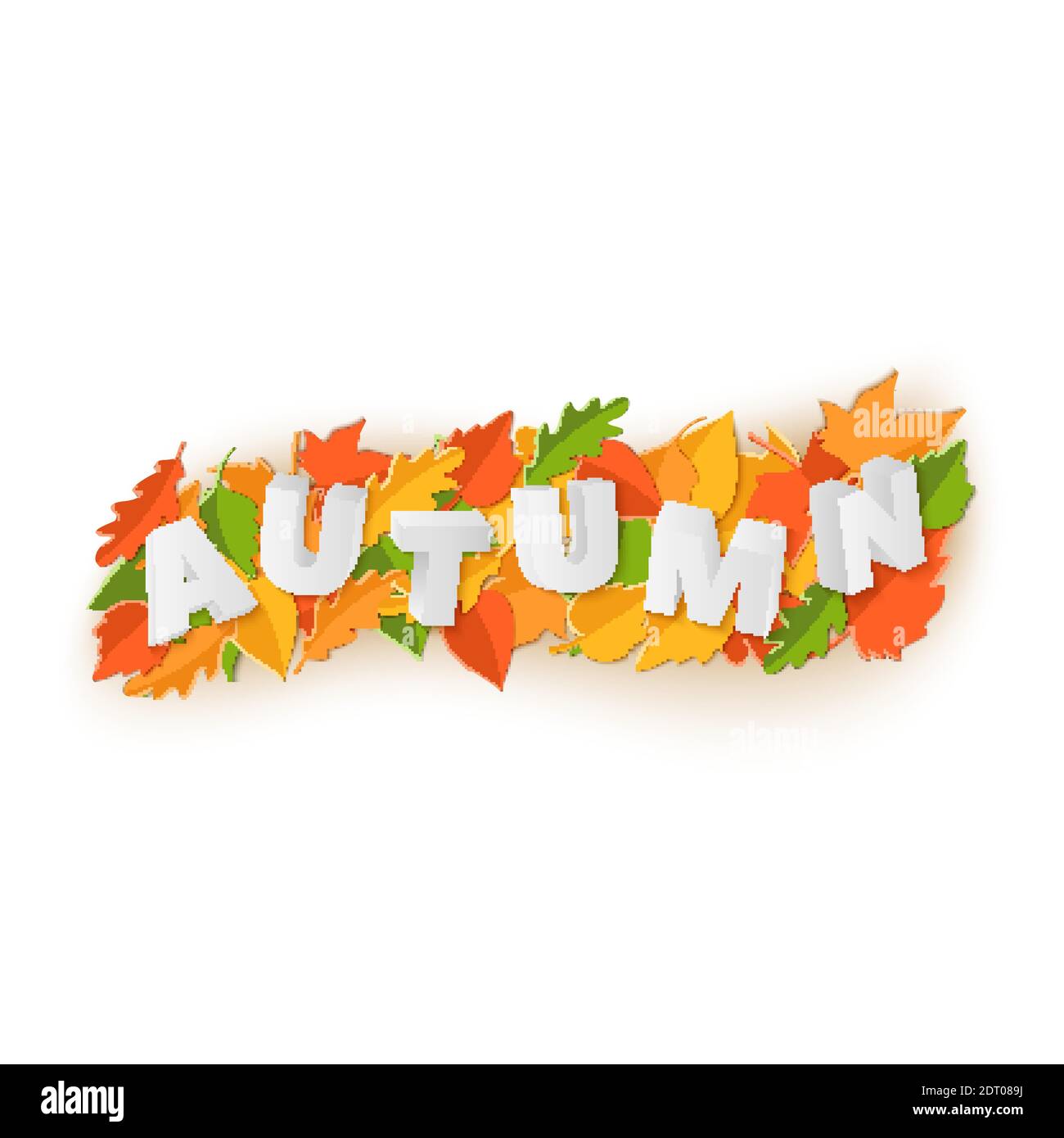 Word AUTUMN composition with green yellow red leaves on white ...